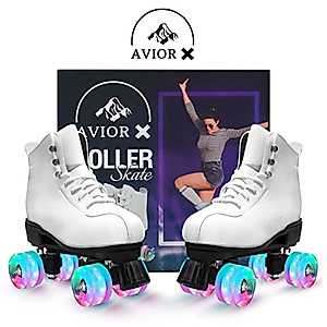 AviorX Premium Roller Skates for Women & Everyone All Adult Men, and Womens, Girls, and Kids Indoor & Outdoor High Top Luxurious Retro Roller Skate for Womens/Unisex with Extras (8, White)