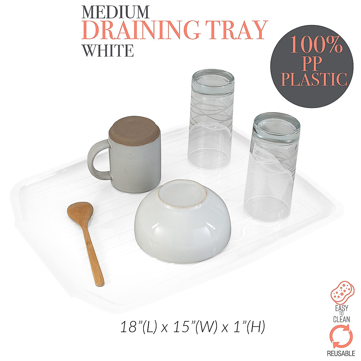 Kitchen Details Countertop Draining Tray | Dimensions: 18"x 15"x 1"| Designed for Stand Alone Dish Racks | Durable | Prevents Water Build Up | White