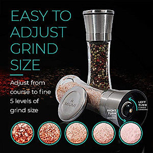 Salt and Pepper Grinder Set Of 2 - Adjustable Ceramic Coarseness, Stainless Steel, Glass Refillable Salt and Pepper Shakers & Mills For Spice, Black Peppercorn, Salt W/Wooden Spoon & Cleaning Brush