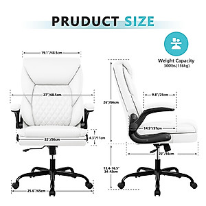 BestEra Office Chair, Executive Leather Chair Home Office Desk Chairs, Ergonomic Computer Desk Chair with Adjustable Flip-Up Arms, Lumber Support Swivel Task Chair with Rocking Function (White)