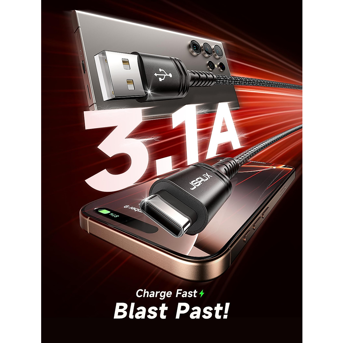 JSAUX USB C Cable [2-Pack 6.6ft], USB A to USB Cord 3.1A Fast Charging Compatible with iPhone 16/16 Plus/16 Pro/16 Pro Max/iPhone 16e/iPhone 15 Series, Samsung S20 S10 S9, Note 20 10, Car Play -Black