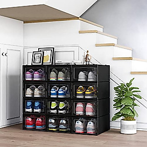12 Pack Shoe Organizer Boxes, Black Plastic Stackable Shoe Storage Bins For Closet, Space Saving Shoe Holder Sneaker Display Case