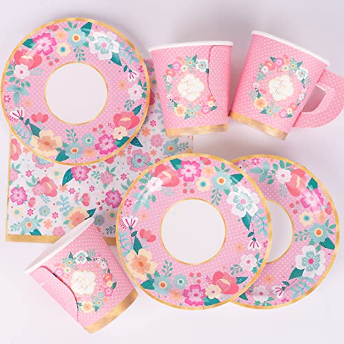 DECORLIFE Disposable Tea Cups Serves 24, 7oz Paper Tea Cups with 5" Saucers, Floral Teacups with Handle for Tea Party Birthday Baby Shower Wedding, Total 48PCS