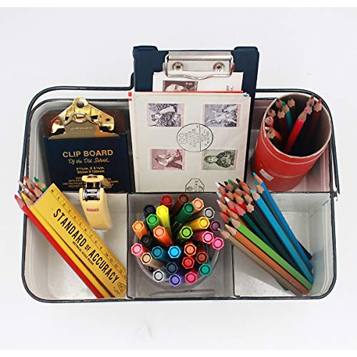 Funly mee Distressed White Metal Silverware Caddy, Flatware, Party Cutlery Desk Organizer with 4 Compartments