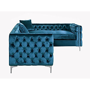 Iconic Home Mozart Elegant Velvet Modern Deeply Tufted with Silver Nailhead Trim Chrome Legs Right Facing Sectional Sofa, Teal