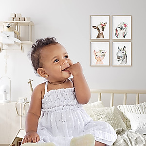 Designs by Maria Inc. Set of 4 UNFRAMED Farm animal kids nursery decor | Cute animal pictures | Animal posters safari wall decor | Farm Animal with Floral Crown Wall Art | Farmhouse Artwork (8"x10")