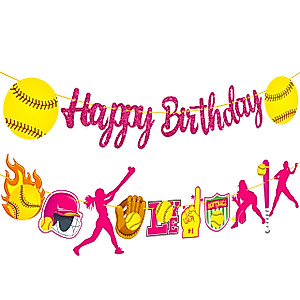 Softball Happy Birthday Banners Softball Birthday Party Decoration Softball Themed Party Cutout Banners for Girls Softball Baby Shower Decoration Sport Party Supplies