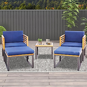 Tangkula 5 Piece Patio Chair Set, Acacia Wood Chair Set w/Ottomans & Coffee Table, Soft Seat & Back Cushions, Outdoor Wood Furniture Set for Backyard, Poolside, Garden