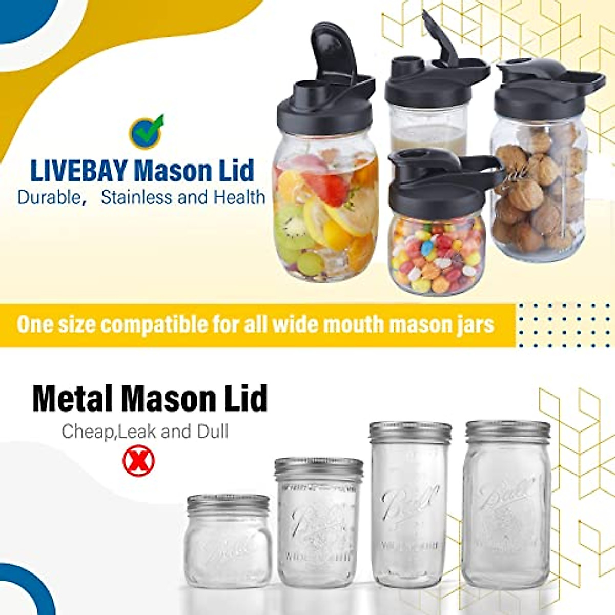 Mason Jar Flip Cap Lid with Airtight, Leak-Proof Seal and Easy Pour Spout - Wide Mouth (Jar Not Included)