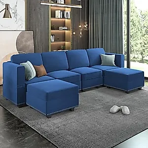 Mjkone Velvet Modular Sectional Sofa with Adjustable Armrest and Backrest for Living Room，U Shaped Couch 6 Seater Convertible Sectional Couch with Indidual Storage Ottoman -Velvet Blue