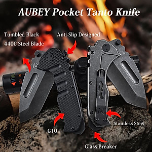 AUBEY Folding Pocket Knife with Tanto Tumbled Black 440C Steel Blade, Liner Lock, G10 Steel Handle, Clip, Glass Breaker, EDC Tool Knife for Men Hunting, Magic Axe