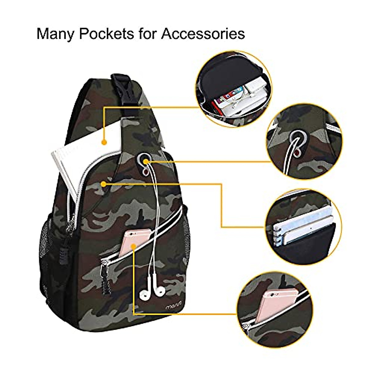 MOSISO Sling Backpack,Travel Hiking Daypack Pattern Rope Crossbody Shoulder Bag, Army Green Camouflage