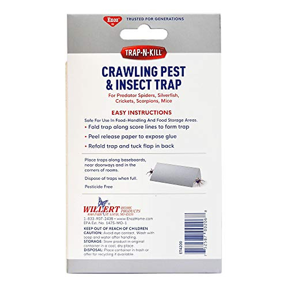 Enoz Trap-N-Kill Spider and Silverfish Sticky Traps, Nontoxic, Made in USA, 6 Count