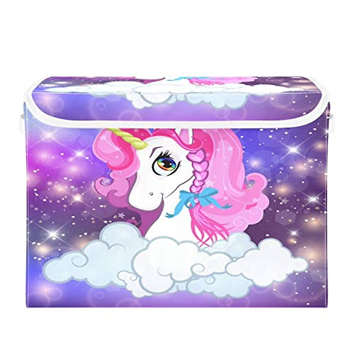 DOMIKING Unicorn Pink Head Galaxy Toy Storage Trunk with Lid Collapsible Storage Box Organizer with Handles for Nursery Drawer Shelves Cabinet
