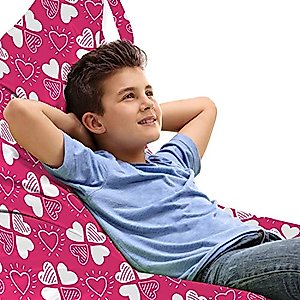 Ambesonne Romantic Lounger Chair Bag, Continuous Hand Drawn Hearts as Clover Leaves Monochrome Valentine's Day, High Capacity Storage with Handle Container, Lounger Size, Hot Pink and White