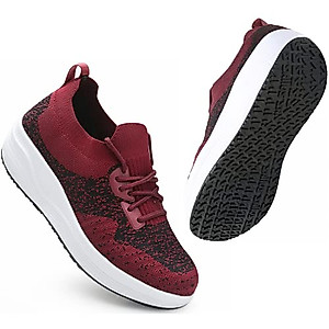 DADAWEN Women's Walking Shoes Sock Sneakers Mesh Slip On Comfort Lightweight Lady Girls Wedge Platform Athletic Shoes Wine Red US Size 9