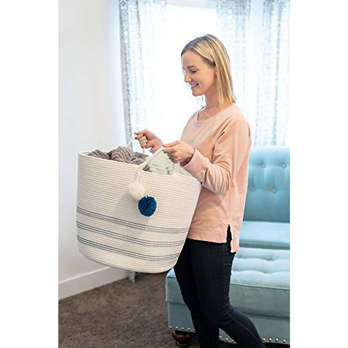 Sweetzer & Orange Extra Large Woven Cotton Rope Storage Basket with Pom-Poms – 16.5”x20.5” - Blanket Storage Baskets, Laundry and Toy Storage, Nursery Hamper - Off White/Navy XXL for Living Room