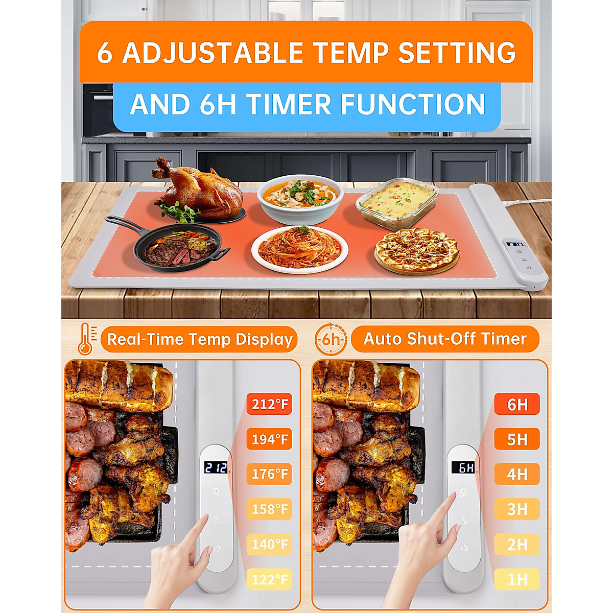 Electric Warming Tray, Food Warming Mat - Graphene Full Surface Heating Silicone Heating Tray, 6 Temperature Settings, Auto Shut-Off, Rollable & Portable Food Warmer for Buffets Party, Everyday Use
