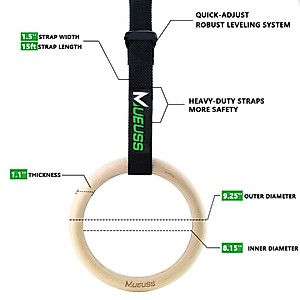 MUEUSS Gymnastic Rings Wooden Gym Rings with Adjustable Straps, Fitness Rings, Exercise Rings, Heavy Duty Gym Equipment for Training Workout, Strength Training, Gymnastics Olympic Thickness 1.1" 28mm