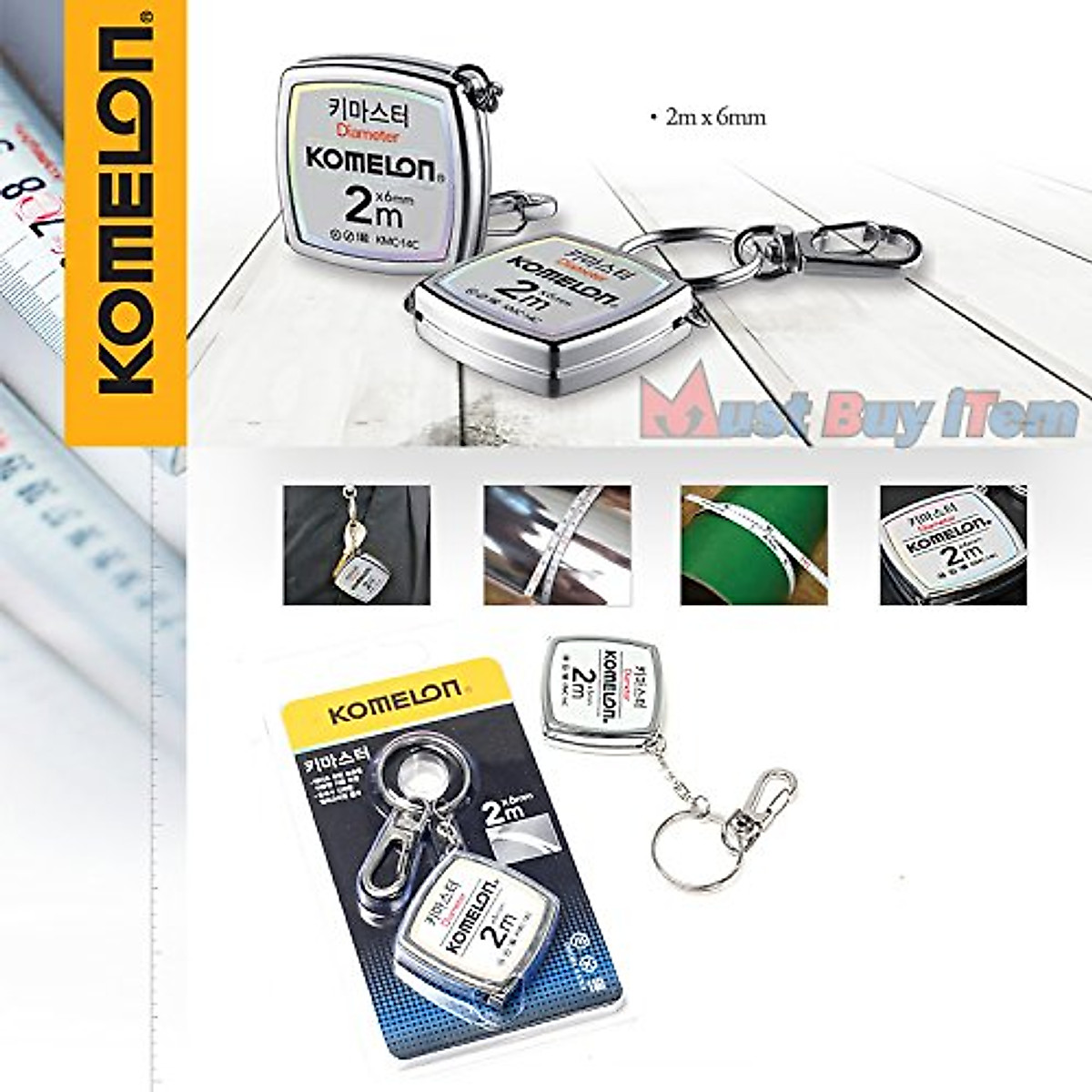 Komelon KMC-14C Keymaster Metric Tape Measure 2-Meter/Diameter Keychain Pocket Mini Key Chain Ring Chrome Coated Measuring Tool with English Manual Included