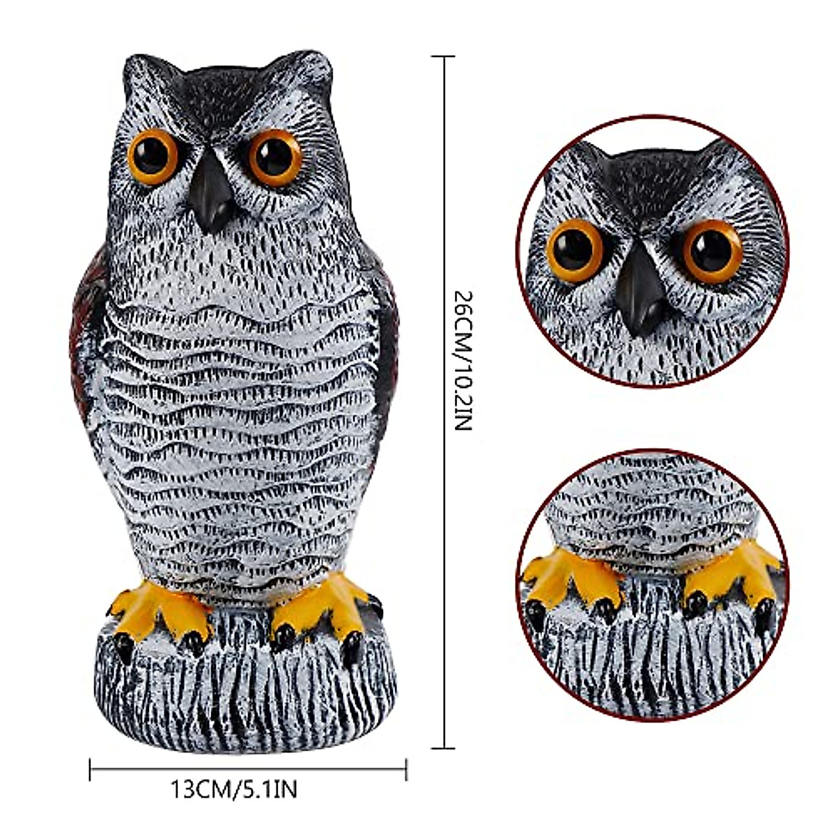 Hausse 2 Pack Fake Owl Decoy Bird Scarecrow Sculpture, Plastic Horned Owl Bird Deterrents with Yellow Claws, Garden Protectors, Large Nature Enemy Pest Repellent for Outdoor Garden Yard