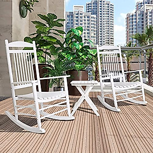 VEIKOU Outdoor Rocking Chairs, Set of 3 Wooden Rocking Chair All Weather Resistant Porch Rocker w/High Back & Side Table, Supports 275Lbs, White