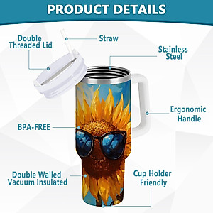 Jihqo Funny Sunflower in Sunglasses 40 oz Stainless Steel Vacuum Insulated Tumbler with Handle and Straw Lid, Leakproof Water Bottle Double Wall Travel Mug Coffee Cup, Cupholder Friendly