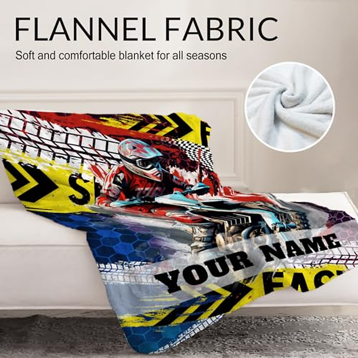 Personalized Motorcycle Boys Blanket with Name - 40 x 50 Inches Blankets for Couch, Sofa - Blue Funny Plush Soft Throw Blanket Motorbike Gifts for Rider