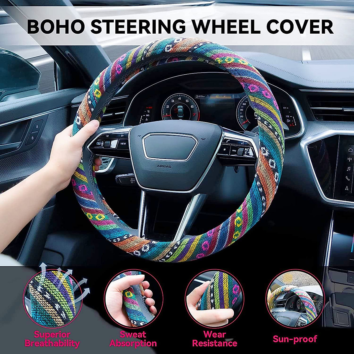 Limsas Boho Steering Wheel Cover Elastic Microfiber for Women, Universal Fit 15 inch Car SUV, Hippie Style Protector Cover, Anti-Slip, Breathable, Absorbing Sweat - 01