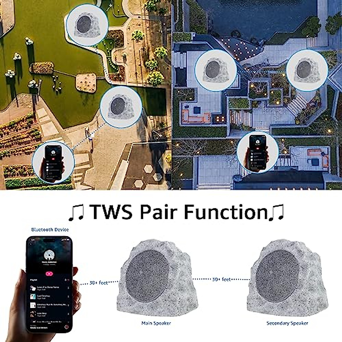 NiceBuy Rock Speakers Outdoor Waterproof Bluetooth Wireless Solar Powered Rock Speaker System Rechargeable with Lights&TWS Pair Function for Patio Outside Garden Deck Yard BBQ