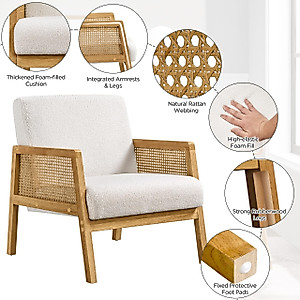 Yaheetech Boucle Fabric Accent Chair, Vintage Rattan Vanity Chair with Wood Armrest and Legs for Living Room Bedroom Makeup Room, Ivory 1