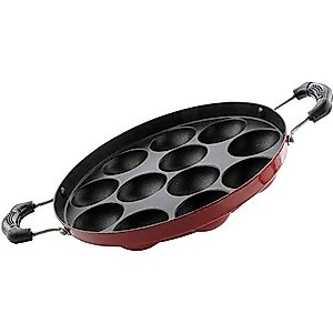Non-Stick 12 Cavity Appam Patra Paniyarakkal,Nonstick cookware Appam Patra Paniyaram with Stainless Steel Without Lid 12 Cavity (Red with Handle)