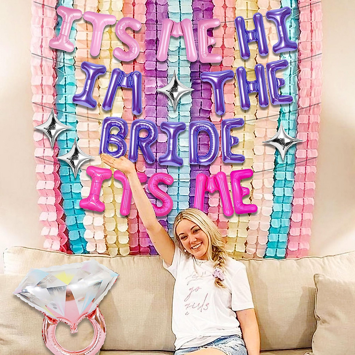 LaVenty It's Me Hi I'm The Bride It's Me Banner Balloons Iridescent Bachelorette Party Decoration Bridal Shower Party Decorations