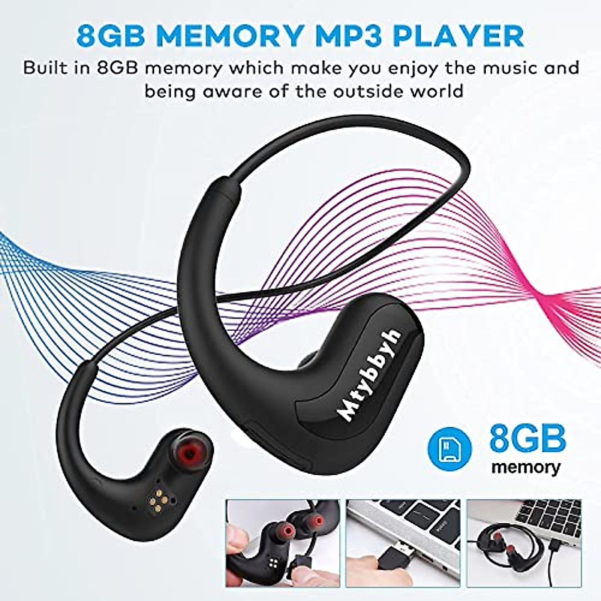 Waterproof Headphones for Swimming,IPX8 Waterproof 8GB MP3 Player Sports Swimming Headphones Wireless +an Extra Magnetic Charging Cable