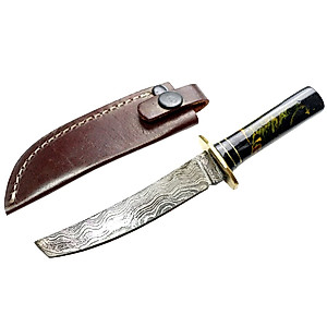 TheBoneEdge 6" Damascus Fixed Blade Black Resin Handle Hunting Knife With Sheath