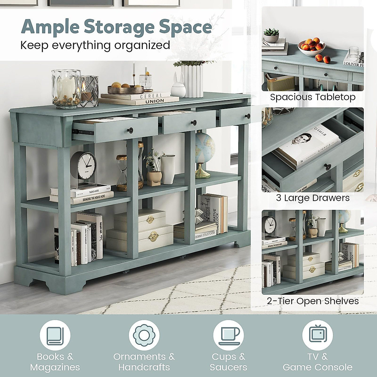 KOTEK 58'' Console Table with Storage, Retro Entryway Table with 3 Drawers and Open Shelves, Solid Wood Legs, Long Sofa Table, Hallway Table for Entryway, Living Room