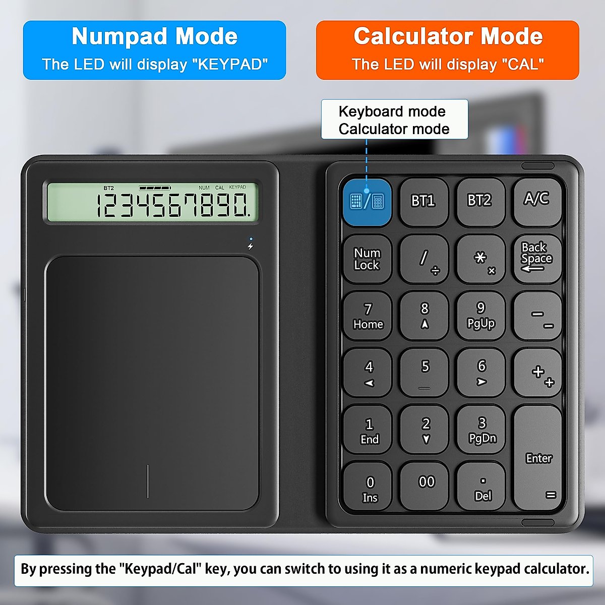 Bluetooth Number Pad, Foldable 2.4G Wireless Numeric Keypad with Display Calculator & Touchpad, Wireless Number Pad Slim 23 Keys Portable Financial Accounting Numpad Keyboard for PC Laptop Desktop