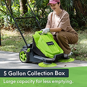 GreenSweep - Walk Behind Manual Push Floor Sweeper - 5 Gallon Capacity - Easy Storage - Outdoor Use - Additonal Heavy Duty Brush Set