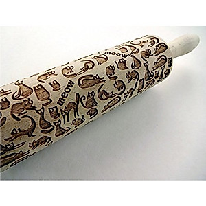 MEOW CATS EMBOSSING ROLLING PIN WOODEN HANDMADE ROLLING PIN with CATS GIFT FOR CAT LOVERS