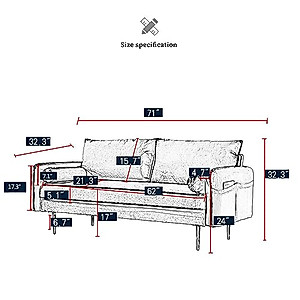71" Velvet Sofa with Pocket Mid Century Modern Couch Futon Loveseat Sofá Chair Large Lounge Couch 3 Seater Couch for Dorm, Apartment,Room,Compact Living Space,Weight Capacity Up to 700 Lbs,Green