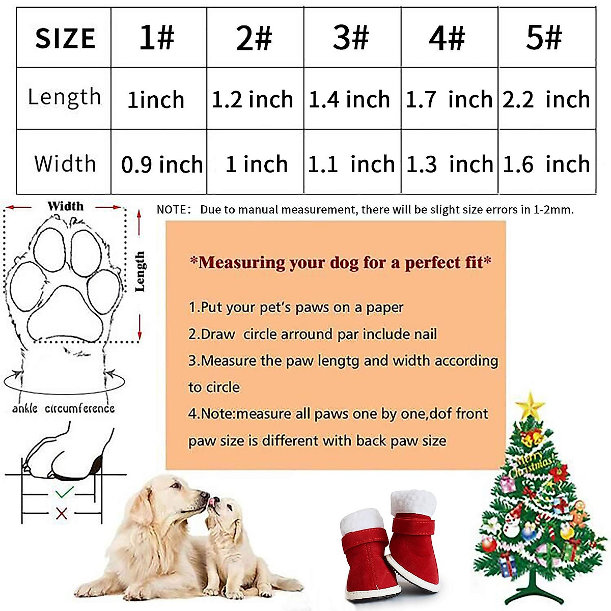 URBEST 2 Pairs Santa Red Detachable Closure Christmas Puppy Cute Dog Winter Shoes Boots (4#, Red)