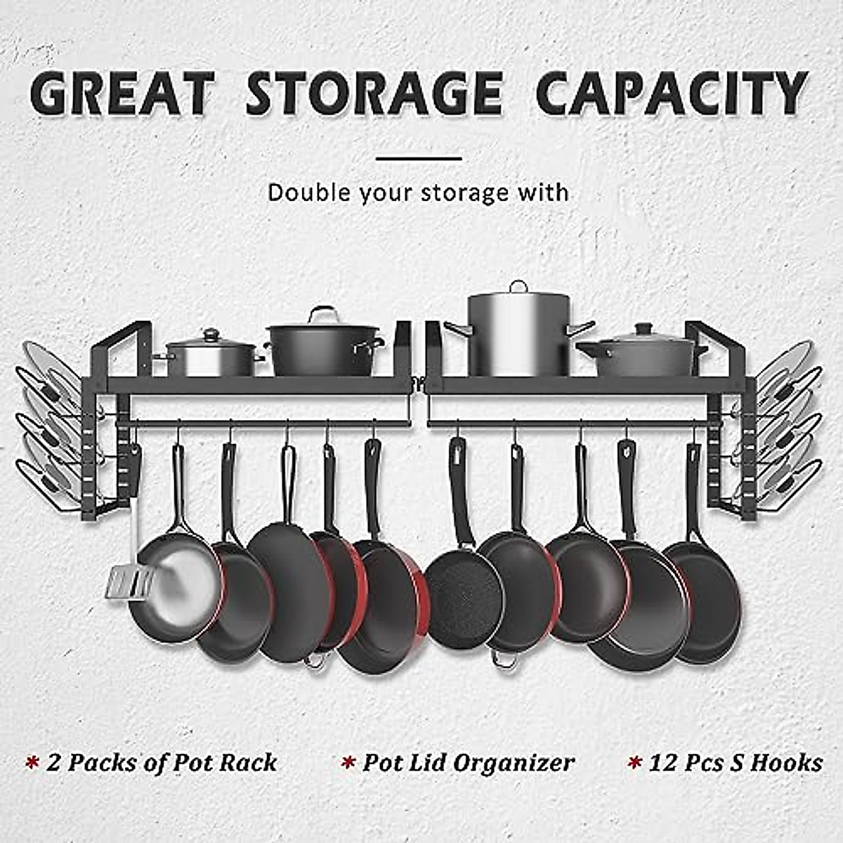 KINDEN 2 Pack 23 Inch Pot Rack Wall Mounted,Hanging Pot Organizer and Pans Lids Storage, Kitchen Cookware Hanging Shelves with 12 Hooks (Black)