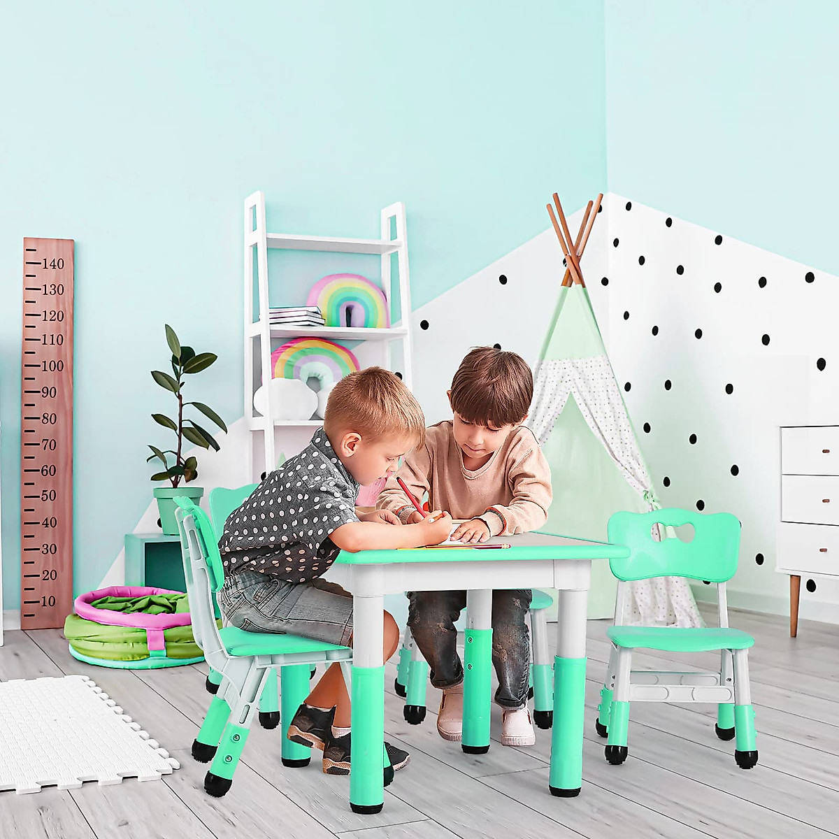 AuAg Kids Table and 4 Chairs Set, Height Adjustable Toddler Study Table and Chair Set for Age 2-10, Multi-Activity Art Table W/Graffiti&Scrubtable Desktop, for Daycare, Classroom, Home (Mint Blue)