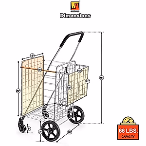 Wellmax Shopping Cart with Wheels, Metal Grocery Cart with Wheels, Shopping Carts for Groceries, Folding Cart for Convenient Storage and Holds Up to 66lbs, Dual Swivel Wheels and Extra Basket, Silver
