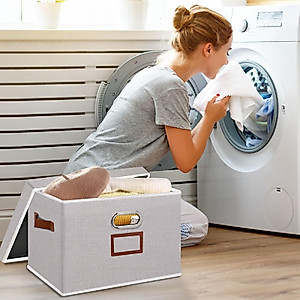 OUTBROS 4-Pack Large Collapsible Storage Bins with Lids, 15 * 9.8 * 9.8inch Foldable Fabric Storage Boxes Organizer Containers Baskets Cube with Label Window, for Home Bedroom Office, Light Gray