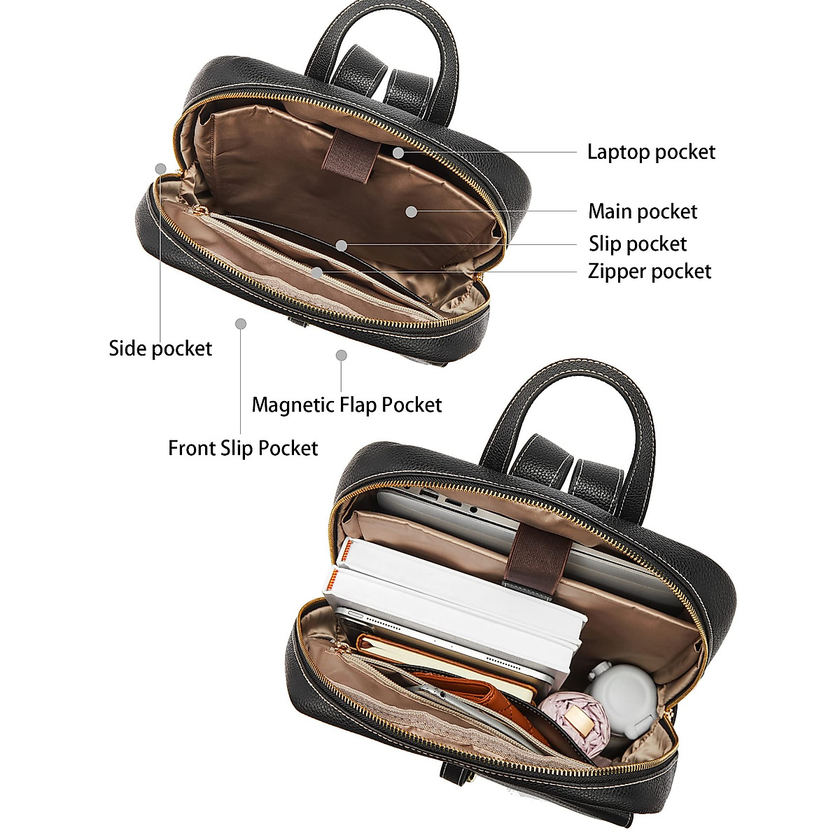 BOSTANTEN Leather Laptop Backpack for Women Large Capacity 15.6 inch Computer Bag Casual College Daypack Travel Bag Black