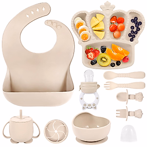 Silicone Baby Feeding Set, 10 Pcs Baby Led Weaning Supplies Suction Bowl Divided Plate Baby Bibs Fruit Feeder Baby Spoons Forks Sippy Cup Toddler Utensil Sets Baby Essentials for Newborn Gift