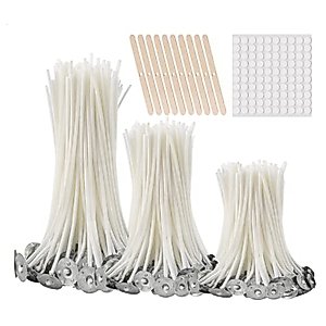 Buluker300Pcs Functional Smokeless Candle Wicks,100pcs Wicks Sticker, Pre-Waxed Cotton Core Wicks with Metal Sustainer Tabs for Pillar Candle Making and Candle DIY, 9cm/3.5in,15cm/6in,20cm/8in