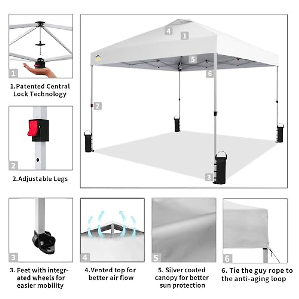 Crown Shades 10x10 Pop up Canopy Outside Canopy, Patented One Push Tent Canopy with Wheeled Carry Bag, Bonus 8 Stakes and 4 Ropes, White