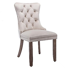 Rhomtree Set of 2 Fabric Dining Chairs Luxury Tufted Back with Nailed Trim and Back Ring Pull Home Kitchen Dining Room Chairs Armless Side Chairs Solid Rubber Wood Legs (Beige)